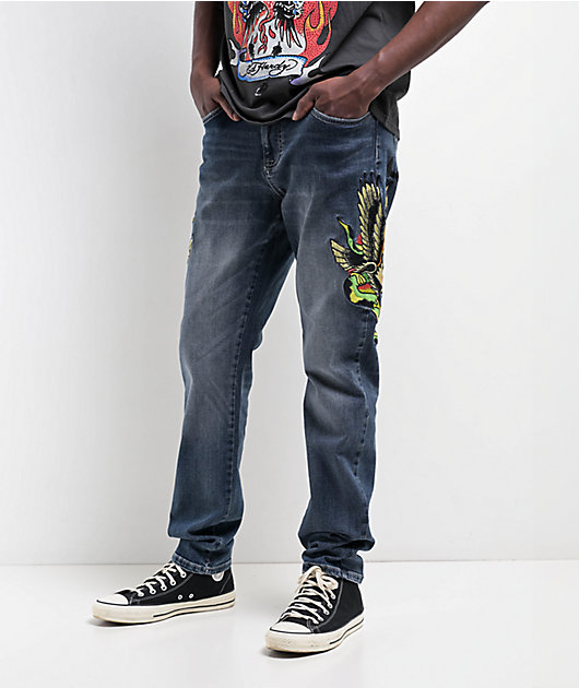 Ed Hardy Eagle Snake Slim Straight Y2K Med Blue Denim Jeans | Zumiez