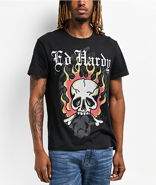 Ed Hardy Flame Skull Rhinestone Black T-Shirt | Zumiez