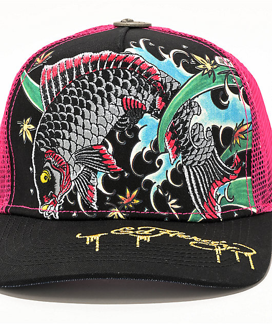 Ed Hardy Koi Fish Black & Pink Trucker Hat | Zumiez