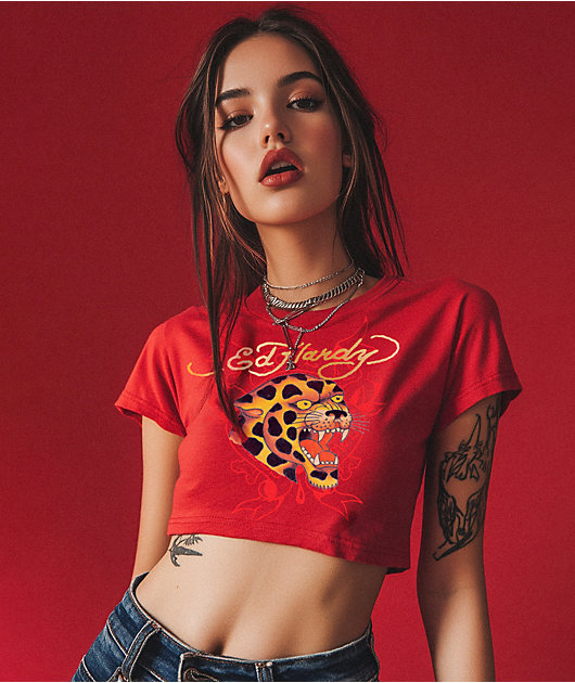 Ed Hardy Leopard Cherry Red Crop T-Shirt | Zumiez