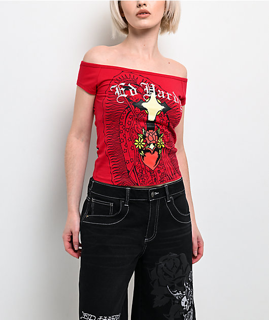 Ed Hardy Mary Off Shoulder Red Crop T-Shirt | Zumiez