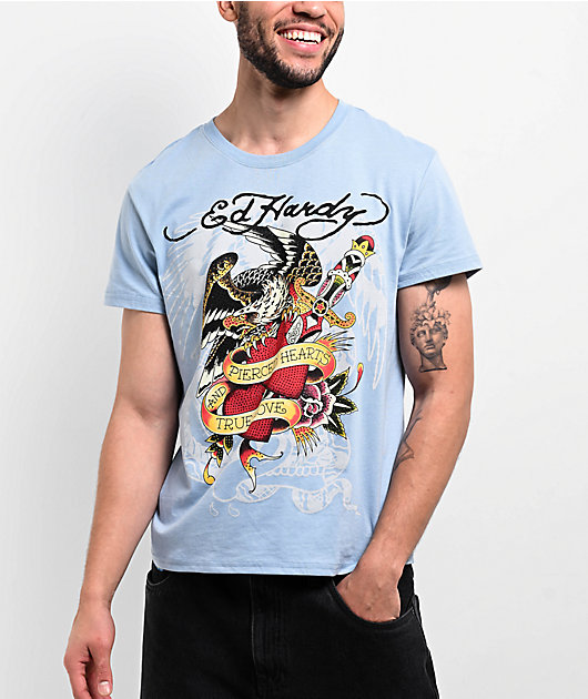 Ed Hardy Pierced Eagle Rhinestone Arctic Blue T-Shirt | Zumiez