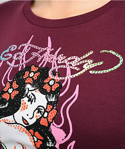 Ed Hardy Pinup Rhinestone Cabernet Crop T-Shirt | Zumiez