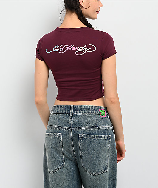 Ed Hardy Pinup Rhinestone Cabernet Crop T-Shirt | Zumiez