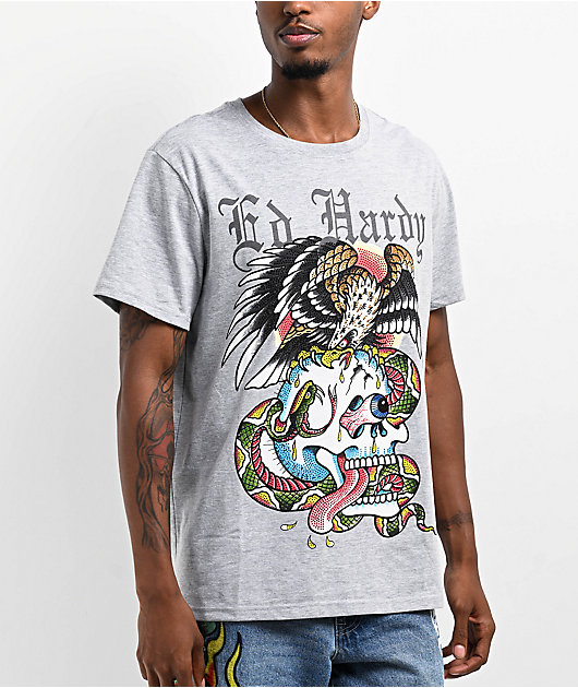 Ed Hardy Rhinestone Battle Heather Grey T-Shirt | Zumiez