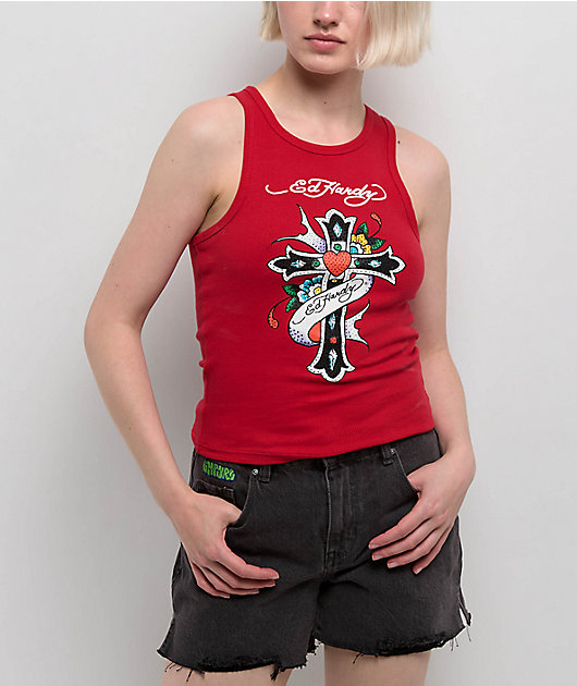 Ed Hardy Rhinestone Cross Cherry Tank Top | Zumiez