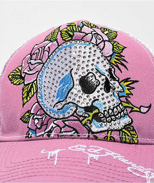 Ed Hardy Rhinestone Skull gorra de camionero morada y blanca