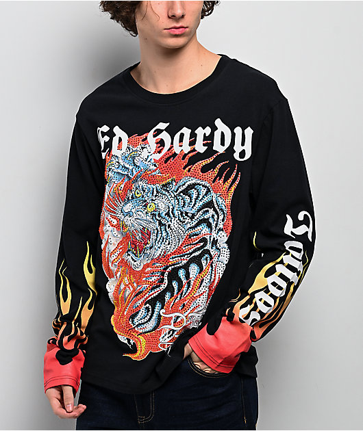 Ed Hardy Rhinestone Tiger Flames Black Long Sleeve T-Shirt | Zumiez