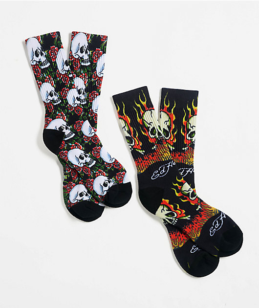 Ed Hardy Rose Flame Skull Black 2-Pack Crew Socks | Zumiez