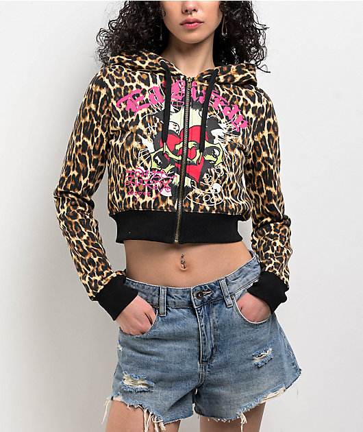 Ed Hardy Sacred Heart Leopard Crop Zip Hoodie | Zumiez