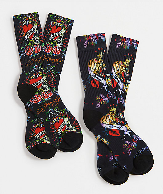 Ed Hardy Skull Tiger Black 2 Pack Crew Socks | Zumiez