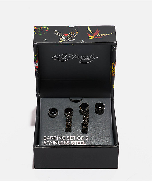 Ed Hardy Stainless Steel Black Stud & Hoop 3-Pack Earring Set | Zumiez