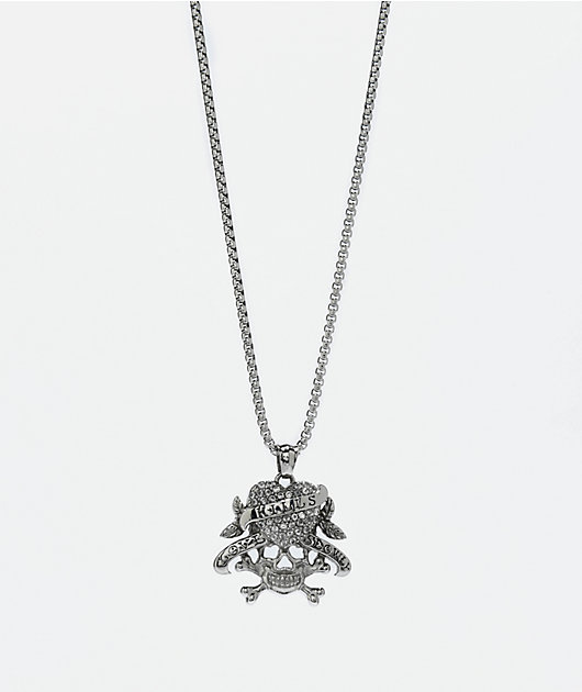 Ed Hardy Stainless Steel Heart & Skull Silver Chain Necklace | Zumiez