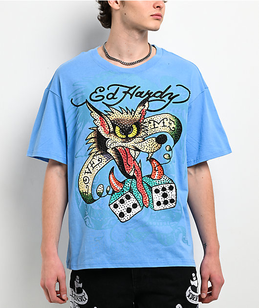 Ed Hardy Wolf Dice Rhinestone Blue T-Shirt | Zumiez