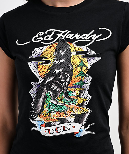 Ed Hardy Wolf Rhinestone Black Cap Sleeve T-Shirt | Zumiez