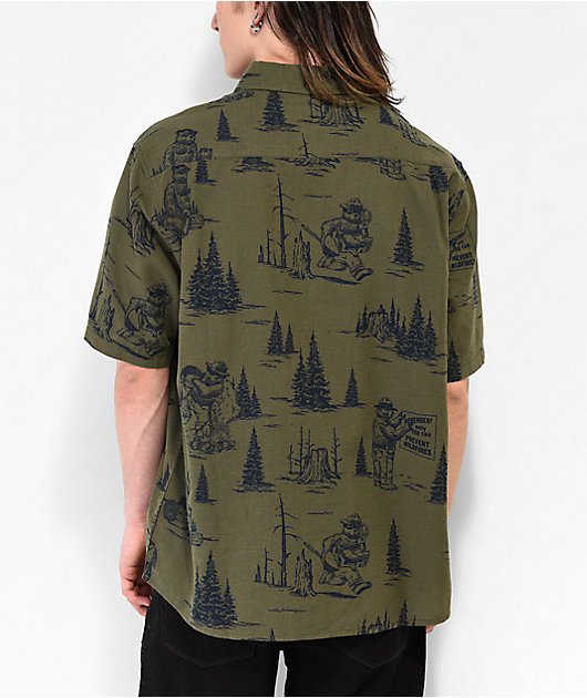 Element x Smokey Bear Scene Dark Green Short Sleeve Button Up Shirt ...