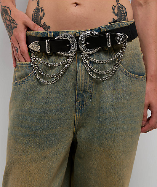 Ella Shea Double Buckle & Chain Black Belt | Zumiez