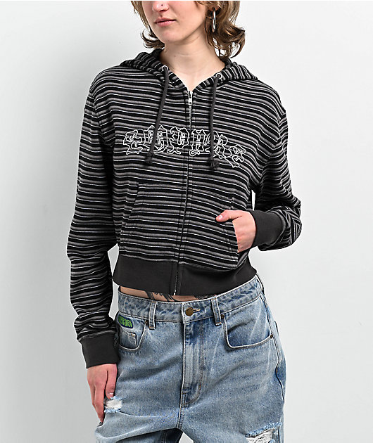 Empyre Angel Stripe Black & Grey Crop Zip Hoodie | Zumiez