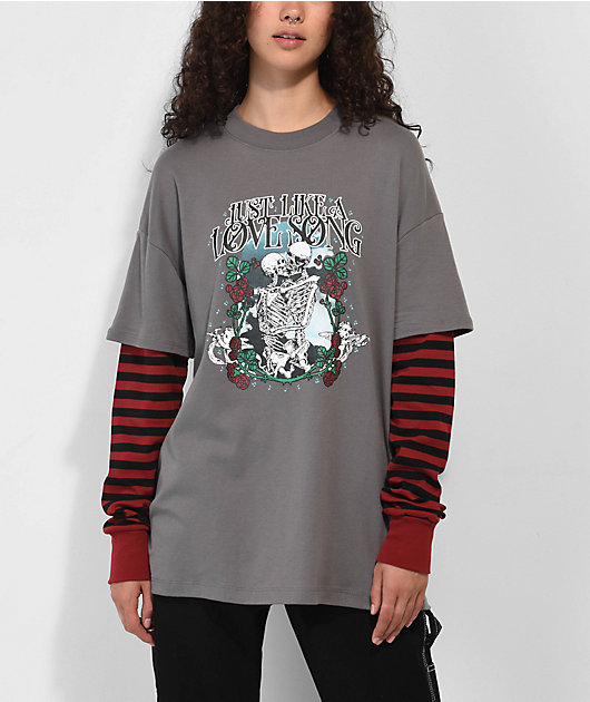 Empyre Roxie Love Song Grey Red 2fer Long Sleeve T Shirt