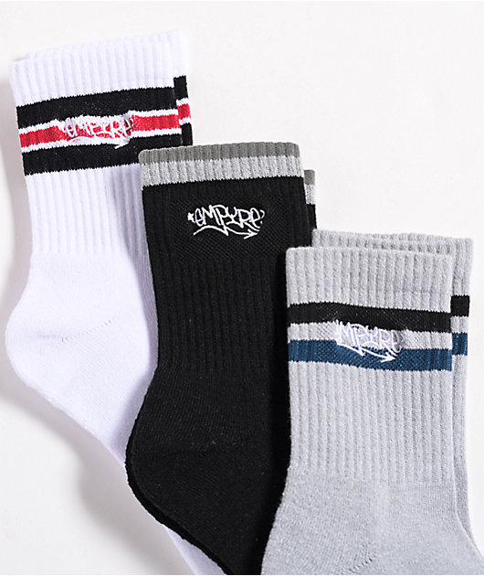 Empyre Stripe Logo Black, White, & Grey 3-Pack Ankle Socks | Zumiez