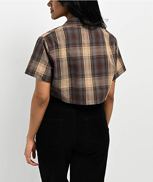 FB County Checker Brown Zip Crop Short Sleeve Shirt | Zumiez