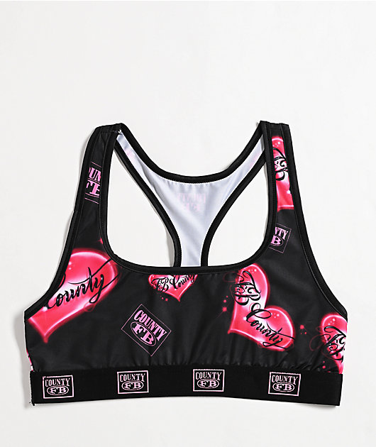 FB County Heart Print Black & Pink Sports Bra | Zumiez