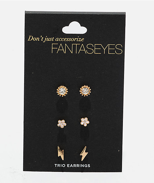 Fantas Eyes Flower & Bolt Gold 3 Pack Stud Earrings | Zumiez