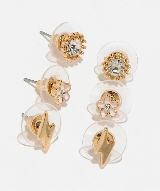 Fantas Eyes Flower & Bolt Gold 3 Pack Stud Earrings | Zumiez