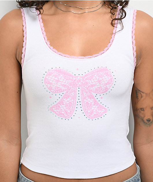 Freeworld Zaylee Pink Bow Rhinestone White Tank Top | Zumiez
