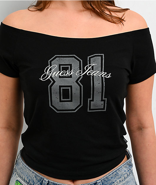 Guess Jeans 81 Off Shoulder Black Crop T-Shirt | Zumiez
