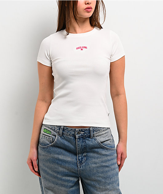 Guess Jeans Star Embroidered White Slim T-Shirt | Zumiez