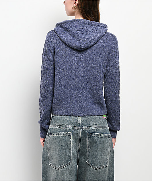 Hooked Up Blue Cable Knit Crop Zip Hooded Sweater | Zumiez