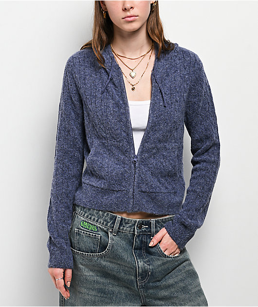 Hooked Up Blue Cable Knit Crop Zip Hooded Sweater | Zumiez