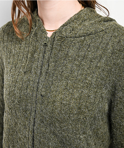 Hooked Up Green Cable Knit Crop Zip Hooded Sweater | Zumiez