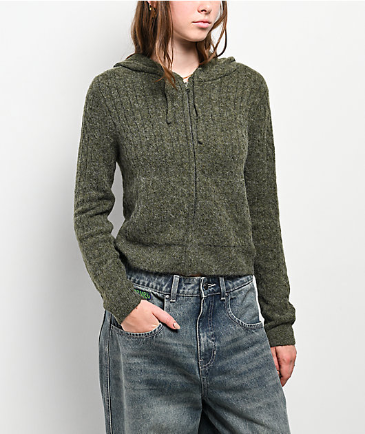 Hooked Up Green Cable Knit Crop Zip Hooded Sweater | Zumiez