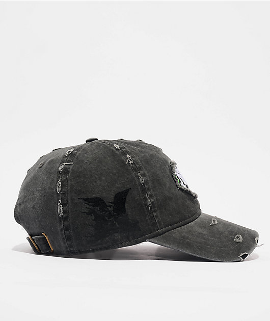 Hurley x Travis Barker Destroyed Black Wash Strapback Hat | Zumiez