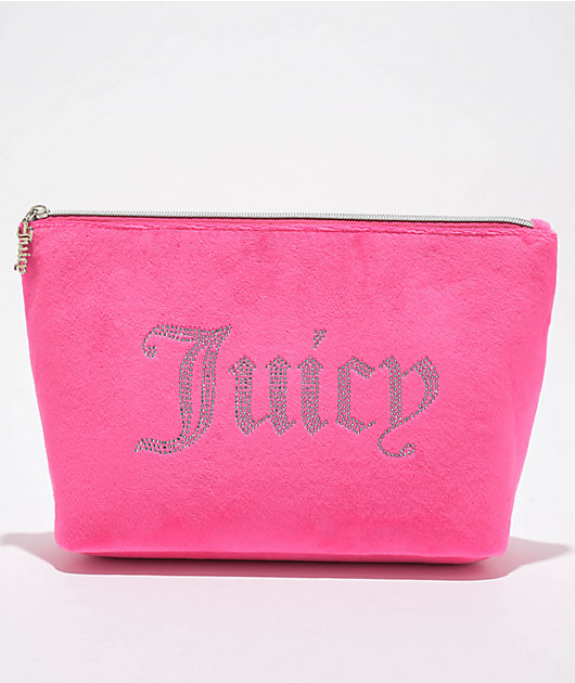 Juicy Couture Rhinestone Logo Pink Velour Makeup Pouch | Zumiez