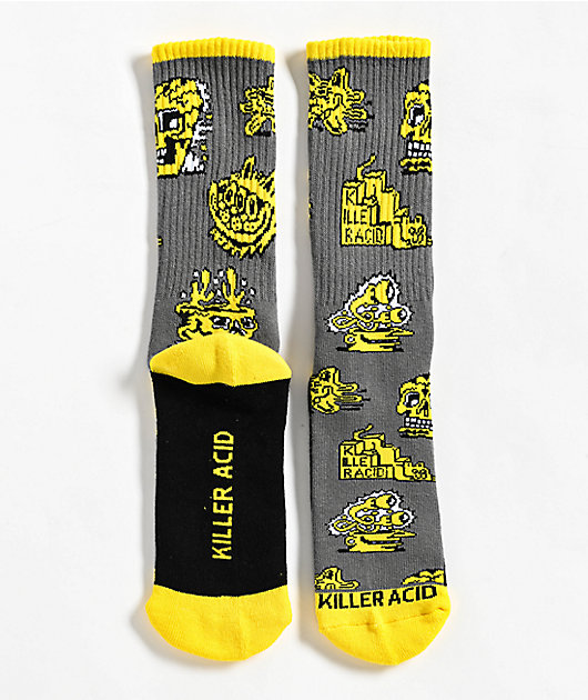 Killer Acid Skully Grey & Yellow Crew Socks | Zumiez