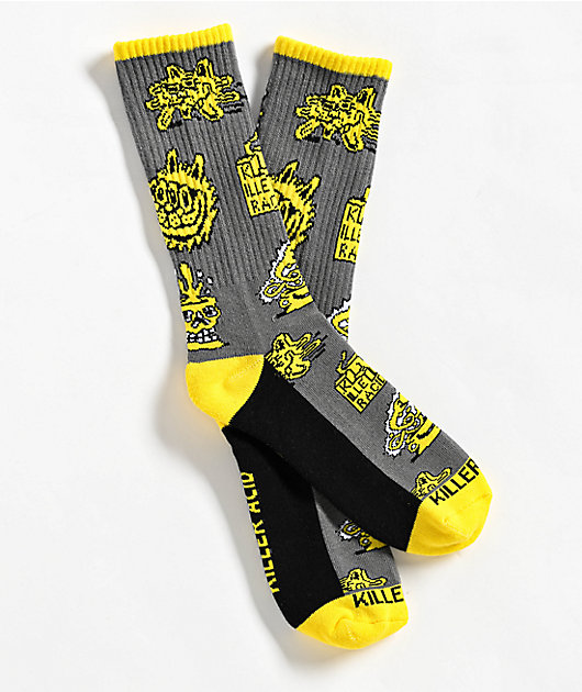 Killer Acid Skully Grey & Yellow Crew Socks | Zumiez