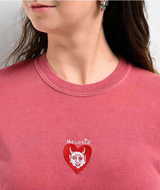 Melodie Cold Hearted Embroidered Boxy Red T-Shirt | Zumiez