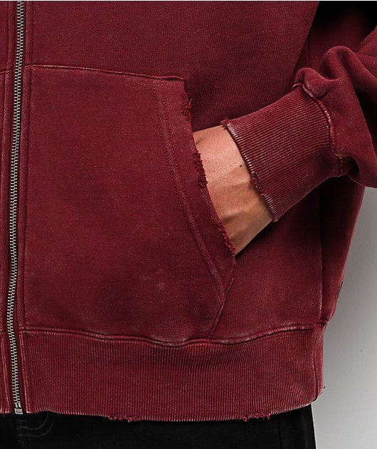Ninth Hall Fundamentals Distressed Maroon Boxy Zip Hoodie | Zumiez