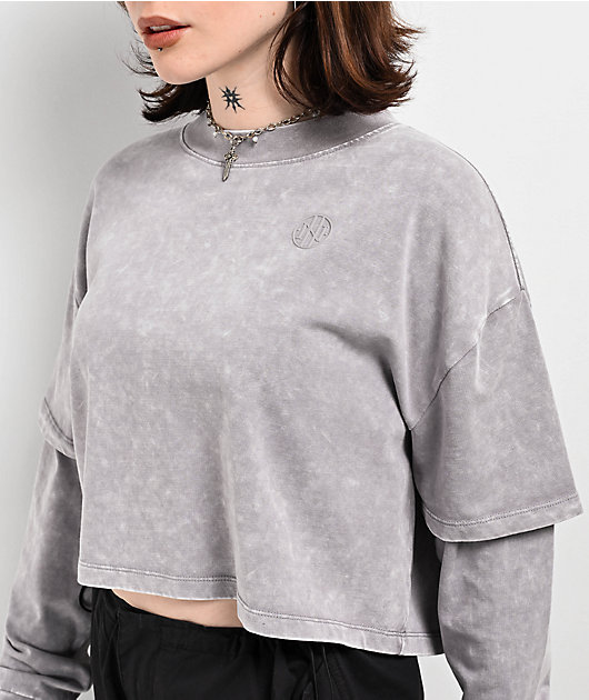 Ninth Hall Fundamentals Lonnie Grey Wash Boxy 2fer Crop Long Sleeve T ...