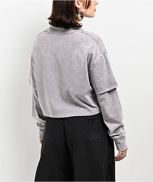 Ninth Hall Fundamentals Lonnie Grey Wash Boxy 2fer Crop Long Sleeve T ...