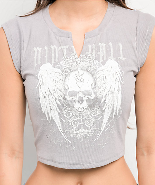Ninth Hall Harper Skull Wings V Notch Grey Crop T-Shirt | Zumiez