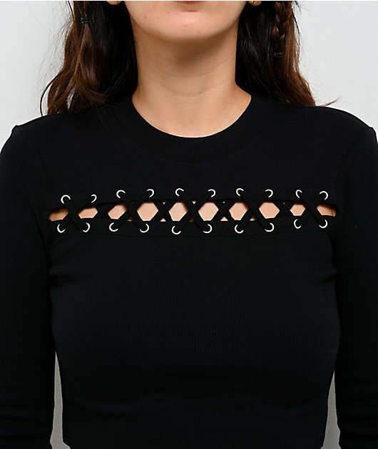 Ninth Hall Krystie Lace Up Black Long Sleeve Crop T-Shirt | Zumiez