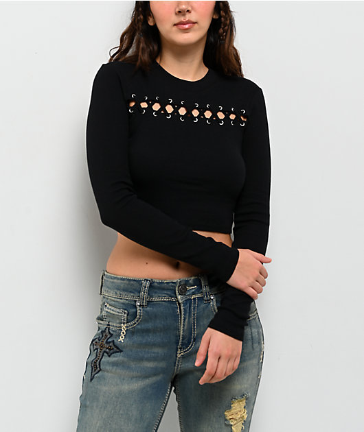 Ninth Hall Krystie Lace Up Black Long Sleeve Crop T-Shirt | Zumiez