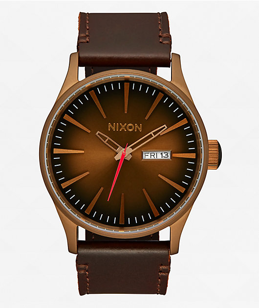 Nixon Sentry Leather Bronze & Black Analog Watch | Zumiez