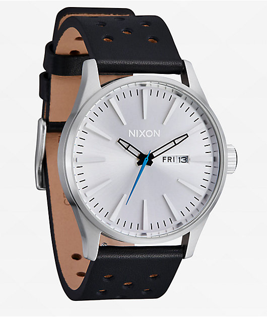 Nixon Sentry Leather Chrome, Silver Sunray, & Black Analog Watch | Zumiez