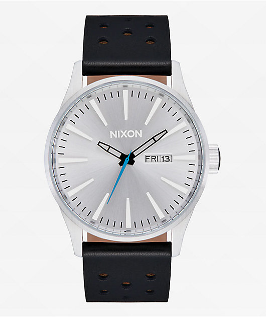 Nixon Sentry Leather Chrome, Silver Sunray, & Black Analog Watch | Zumiez