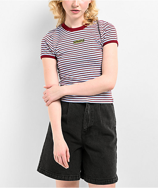 Obey Cypress Stripe Tibetan Red Multi Crop T-Shirt | Zumiez